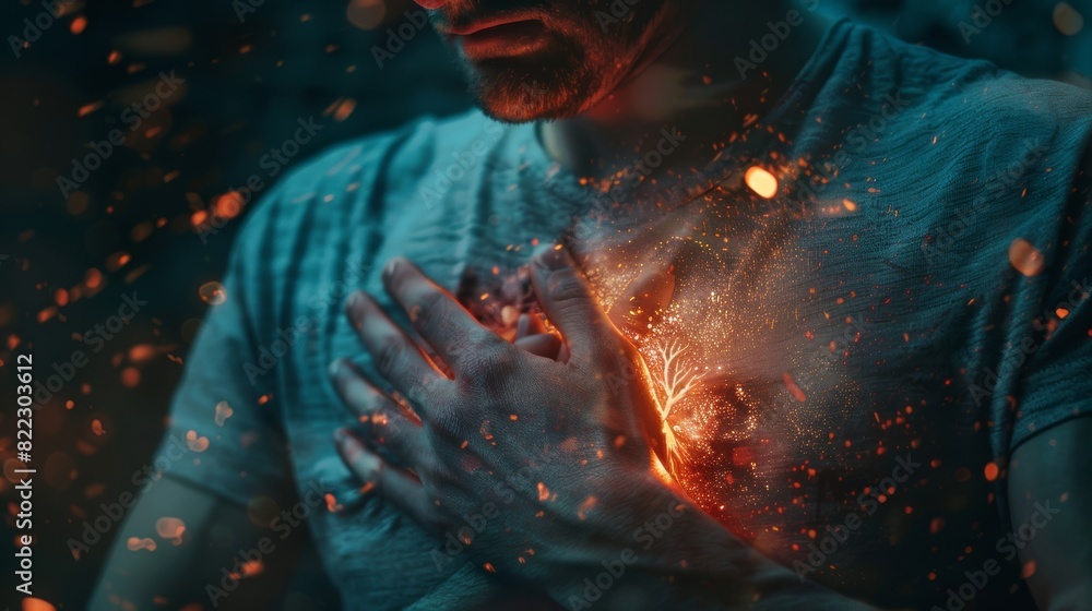 hand hold chest with heart attack symptoms, man working hard have chest ...