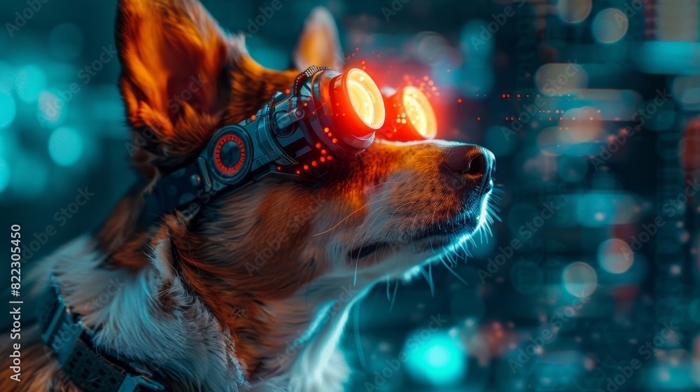Futuristic dog wearing glowing red cyber goggles at night in a sci-fi ...