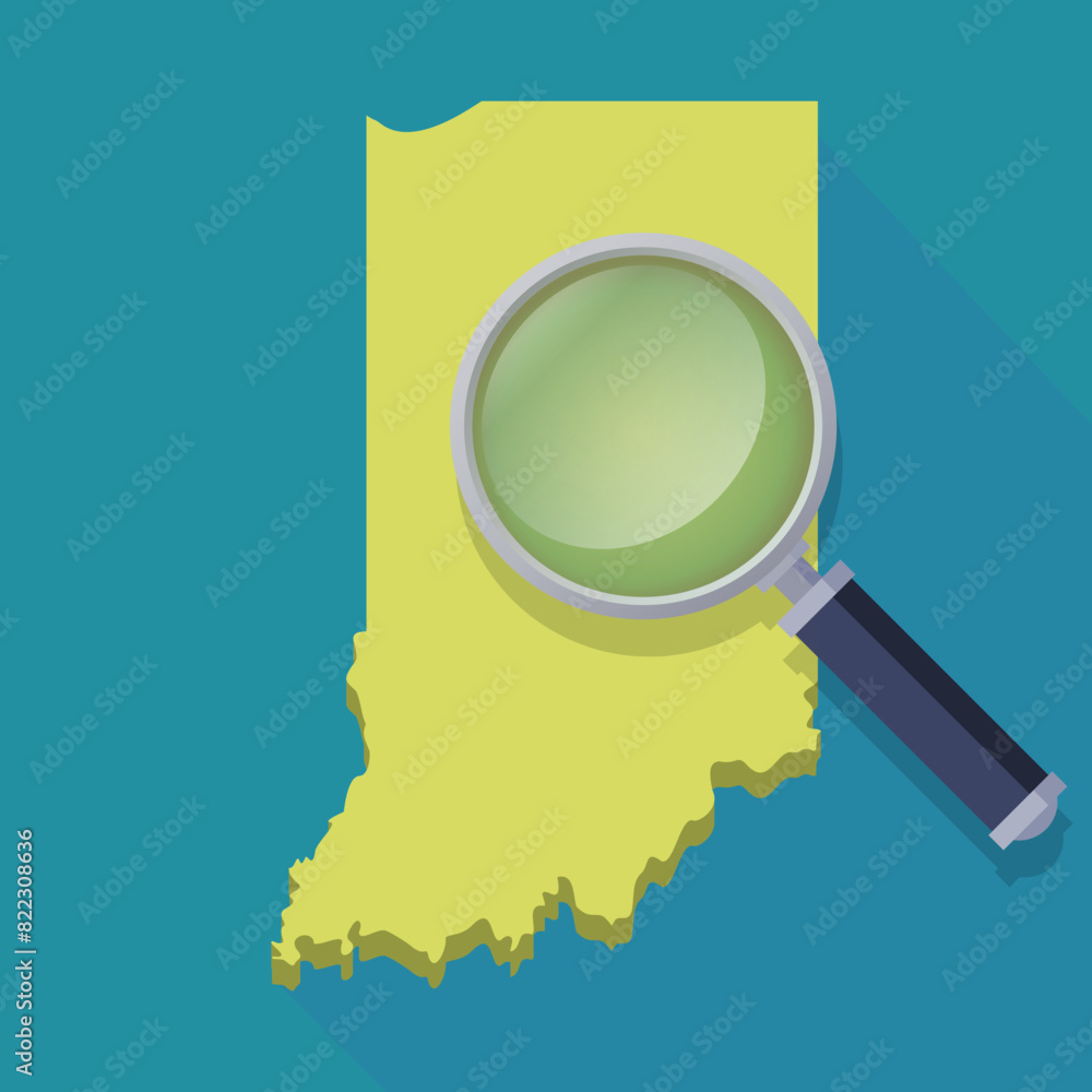 Yellow 3D Indiana map on which a magnifying glass zooms in on part of ...