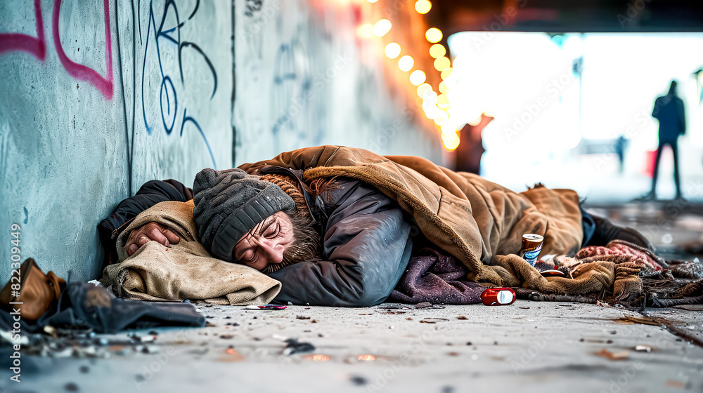 A photo of a homeless man sleeping on the street, depicting the harsh ...