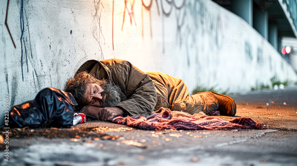 A photo of a homeless man sleeping on the street, depicting the harsh ...