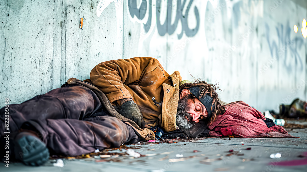 A photo of a homeless man sleeping on the street, depicting the harsh ...