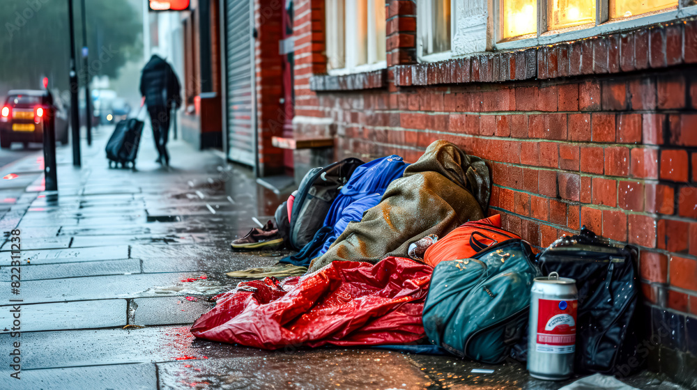 A photo of a homeless man sleeping on the street, depicting the harsh ...