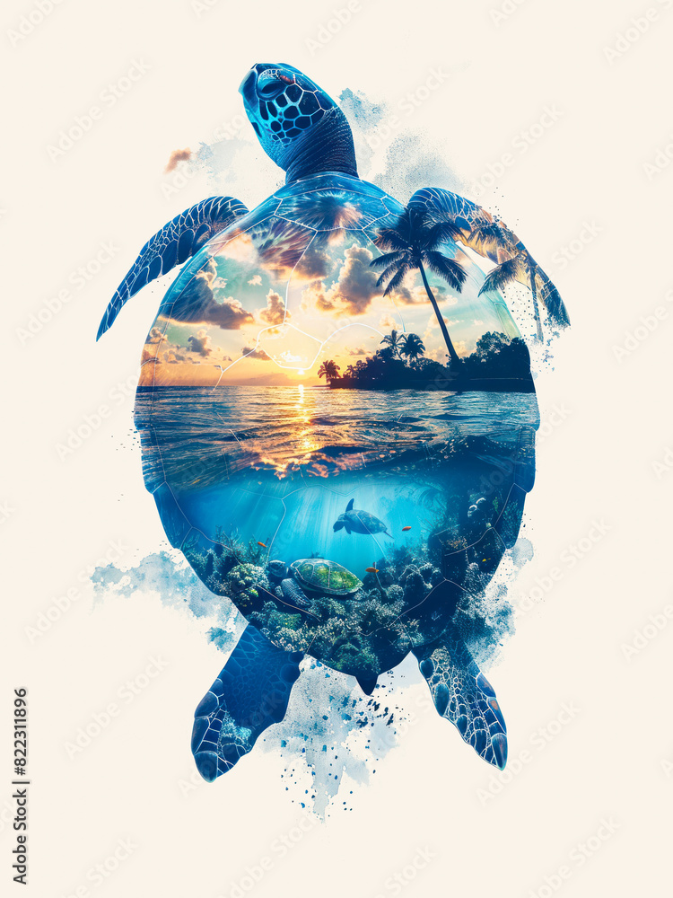 Sea turtle swimming underwater with double exposure. A beautiful ...