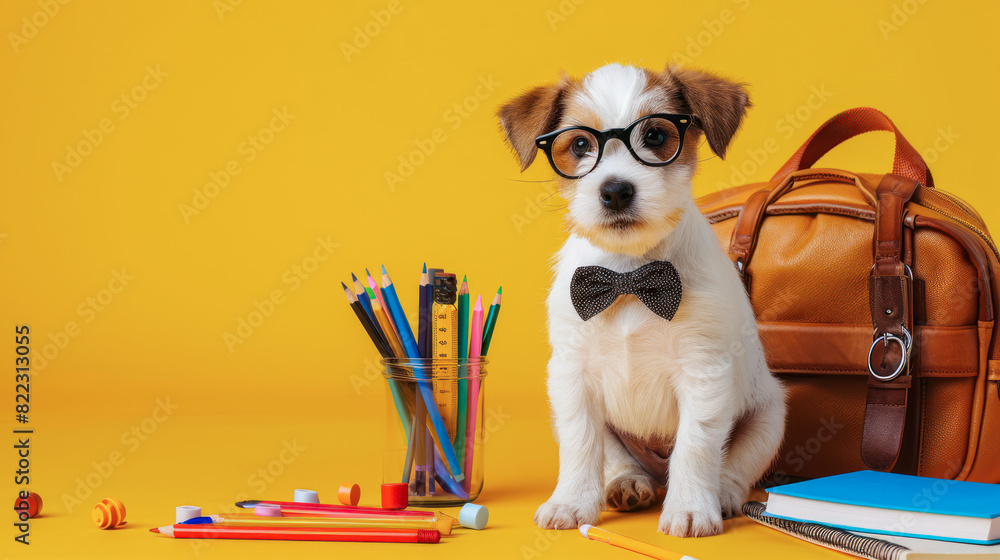 Funny dog student in glasses and bow tie on yellow background with a ...