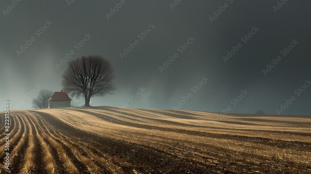 Under the dark sky, the farmland unfolds its endless horizons. Thick ...