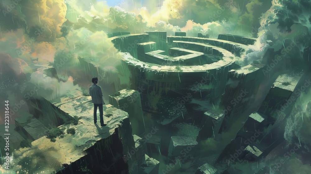 animestyle fantasy illustration of man standing in destroyed maze ...