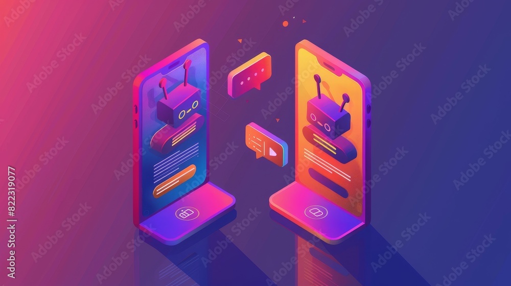 This is an isometric concept modern illustration of a mobile chat bot ...