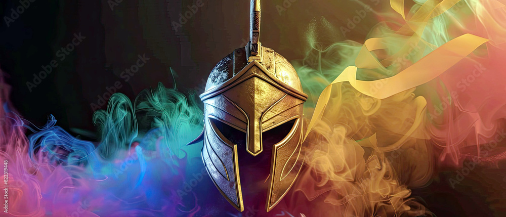 spartan helmet gold,3d render , realistic with ribbon rainbow smoke ...