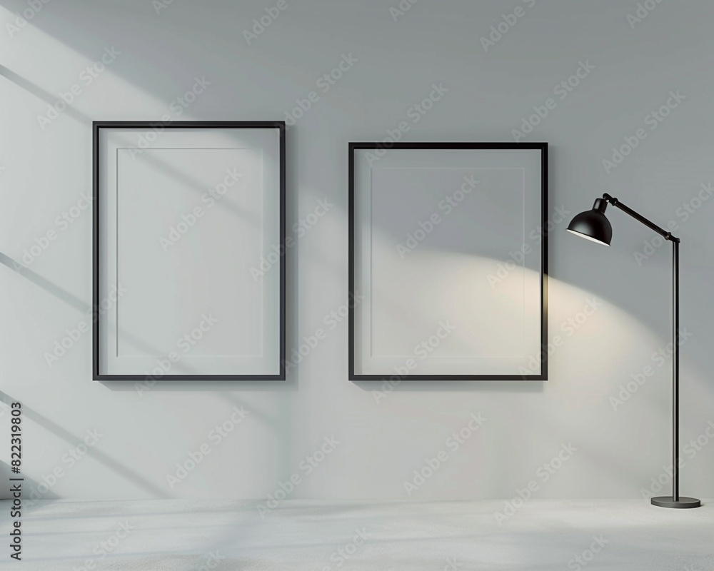 Inside a sleek modern architectural studio, two empty white frames with ...