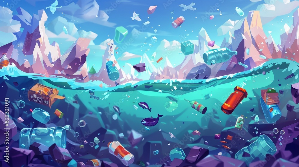 ภาพประกอบสต็อก A cartoon illustration of plastic pollution in the ocean ...
