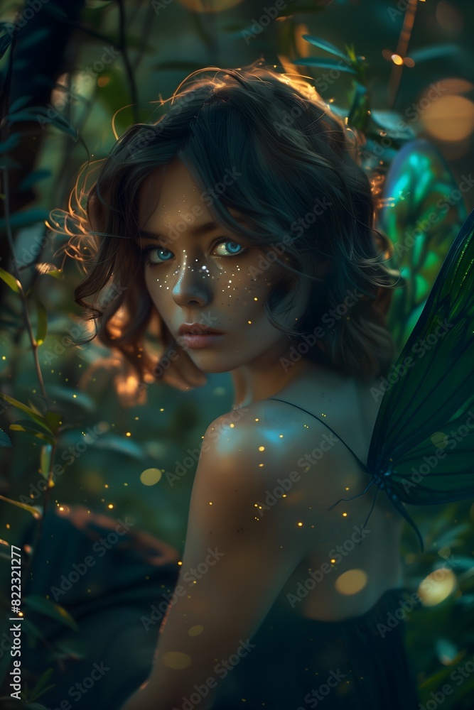 Dancing fairy in an enchanted magical forest flying fairy with blonde hair and butterfly wings ...