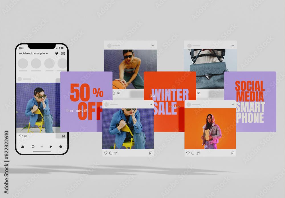 Smartphone with Seven Square Post Layout Mockup Stock Template | Adobe ...