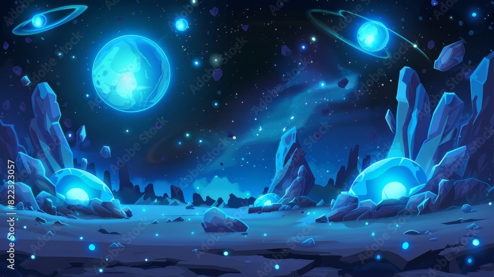 An alien planet surface panorama with a game battle podium, rocks ...