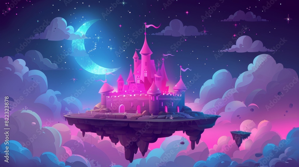 An illustration of a pink magic castle on a floating island against a ...