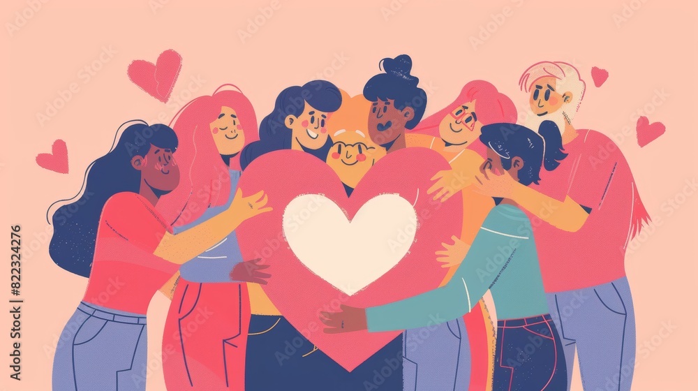 Self-love concept with people hugging themselves, showing heart symbols ...