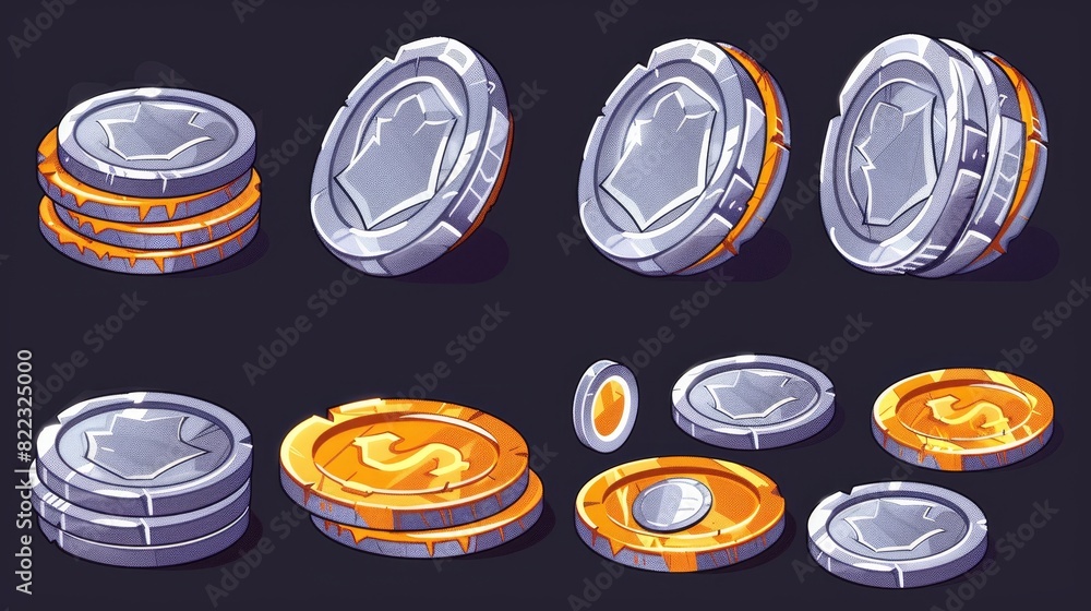 Video game animation set of silver coins. Icons, game items of money ...