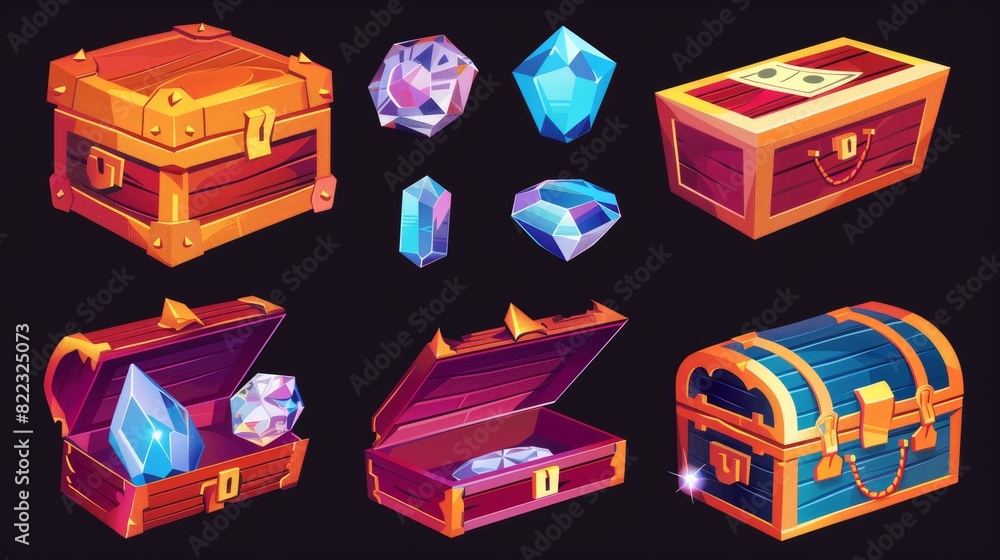 Icons of futuristic boxes with money and diamonds. Sci-fi game loot ...