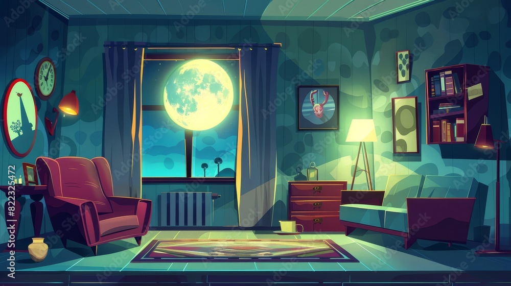 An interior cartoon of a vintage house with the moonlight falling on ...