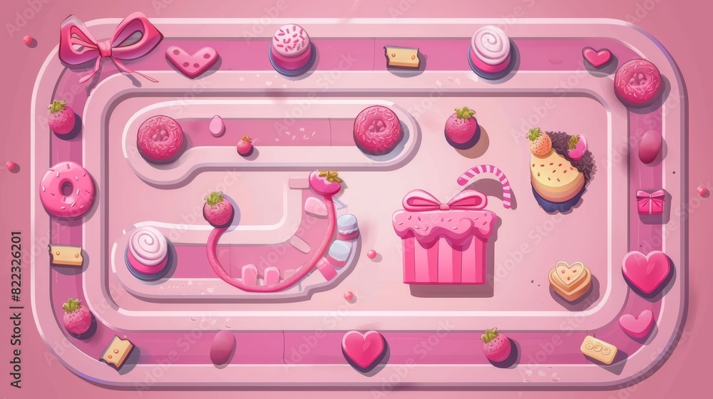 A road map with level indicators with a pink background. Cartoon ...