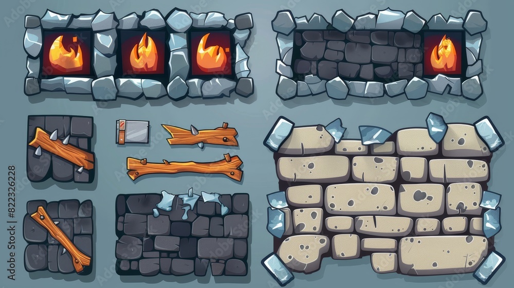 UI cartoon modern with stone frame and rock board. Medieval plaque and ...