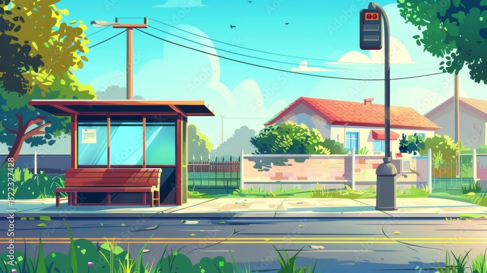 This modern illustration shows a tourist bus stop in the neighborhood ...