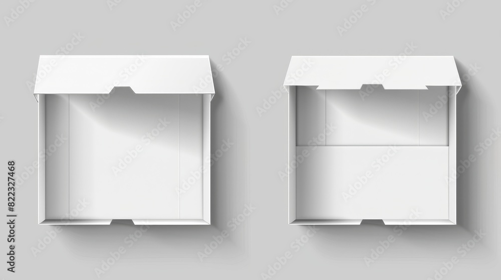 The mockup consists of an open and closed cardboard box. A realistic ...