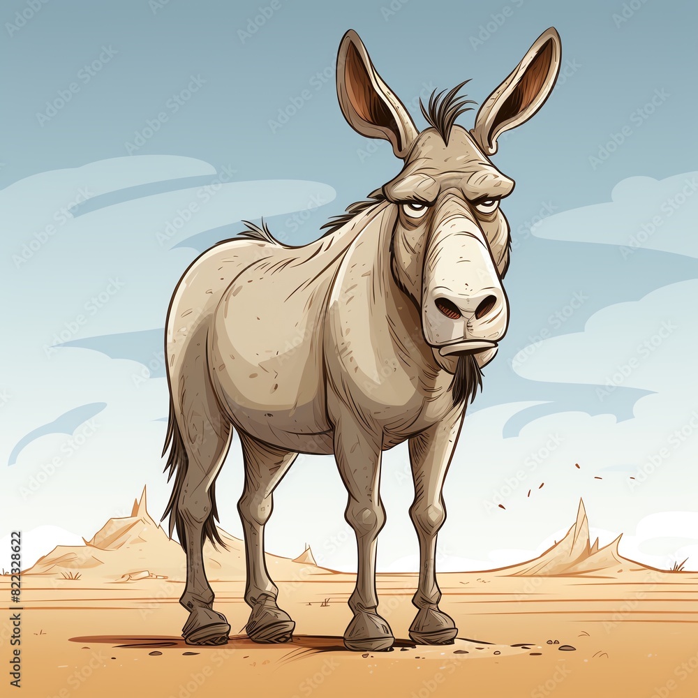 Cartoon illustration of a grey donkey standing in a desert landscape ...
