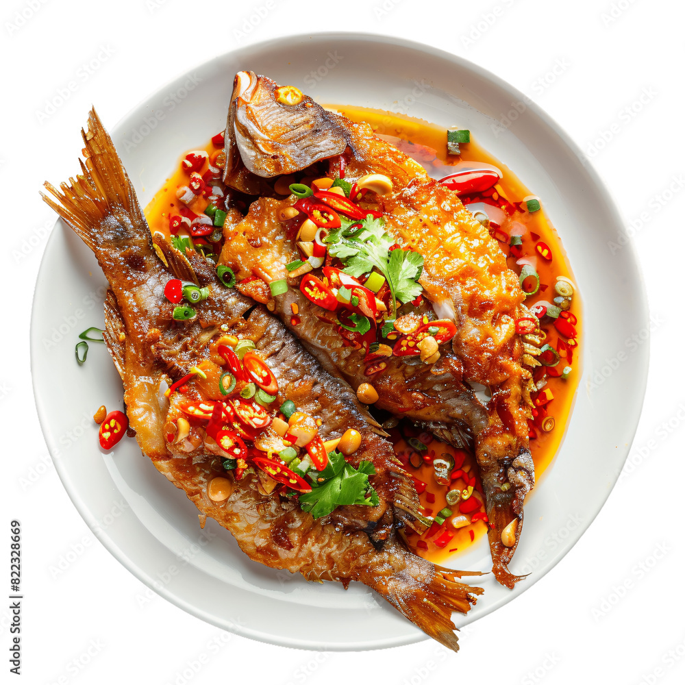 Pla Rad Prik fried fish with chili sauce, transparent background ...