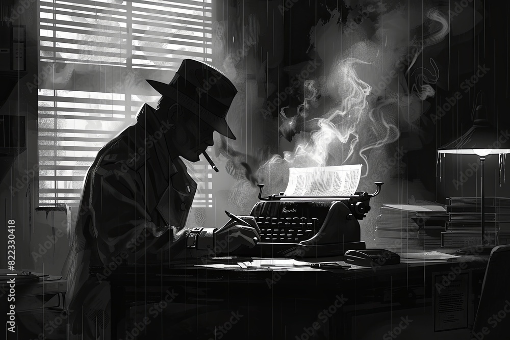 Noir News Nightmare: A jaded reporter with a cigarette hunches over a ...