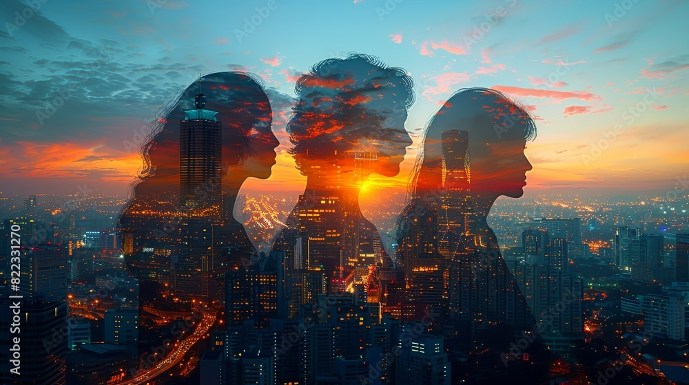 Double exposure Business, Team collaborating on a project, blended with ...