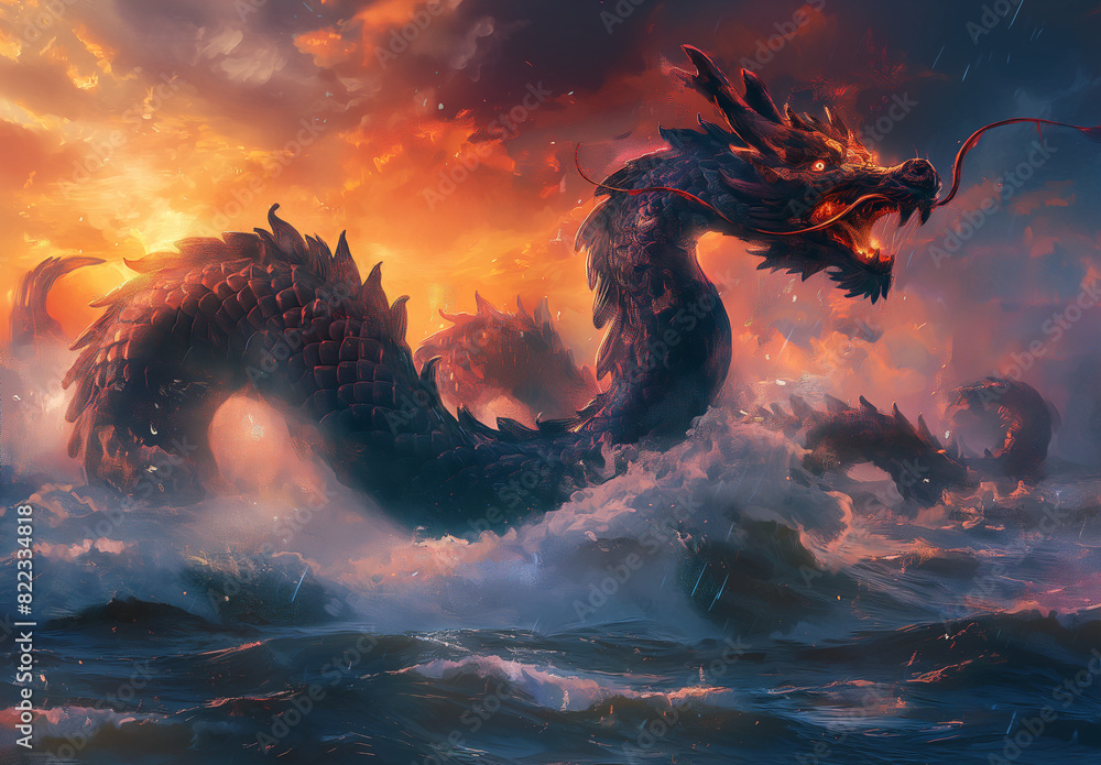 A Chinese dragon made of black and red scales, swimming in the sea with ...