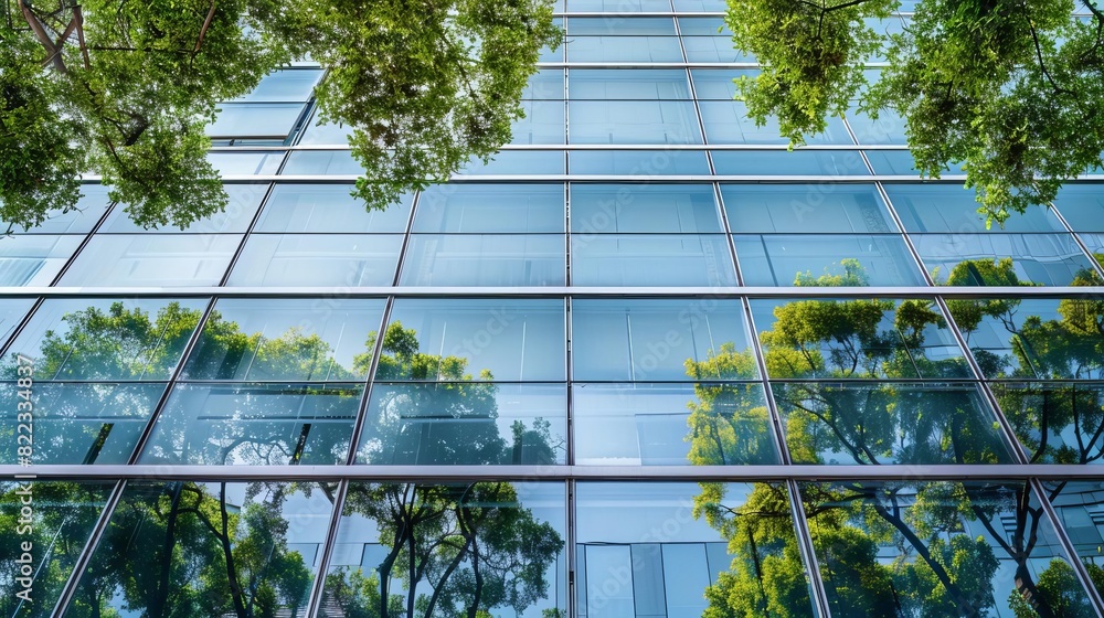corporate glass building facade reflecting green trees exemplifying esg ...