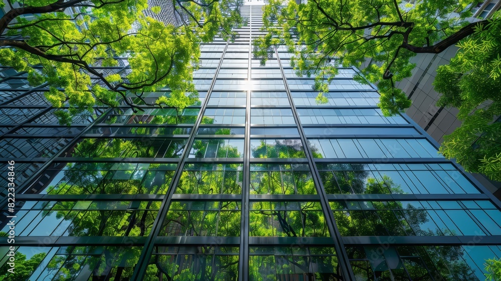 corporate glass building facade reflecting green trees exemplifying esg ...