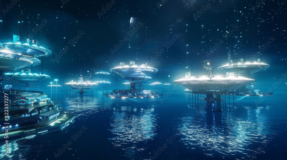 A vision of a deep sea port of the future, with floating platforms and ...