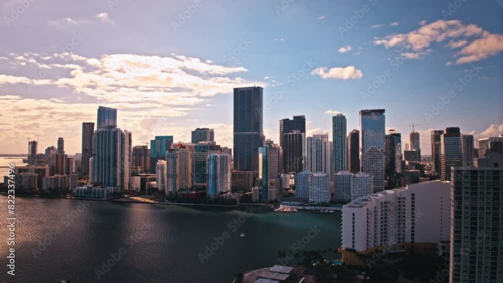 Establishing aerial hyper lapse of Miami skyline downtown Brickell bay ...