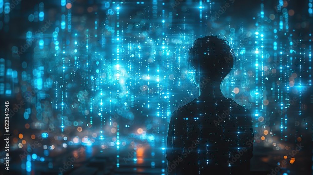 global hologram business people and digital transformation with scifi ...