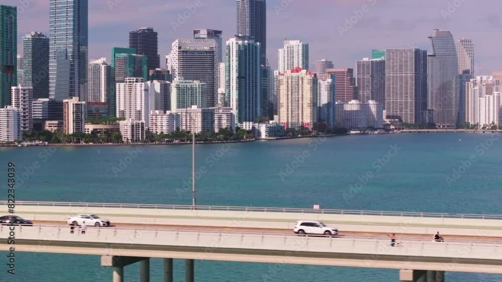 Establishing aerial view of Miami Downtown skyline and Rickenbacker ...