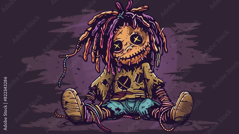 Featured are a pair of voodoo dolls with dreadlocks sitting down ...
