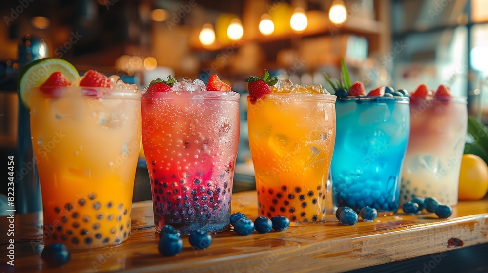 bubble tea trend, various flavors of bubble tea displayed on a table, a ...