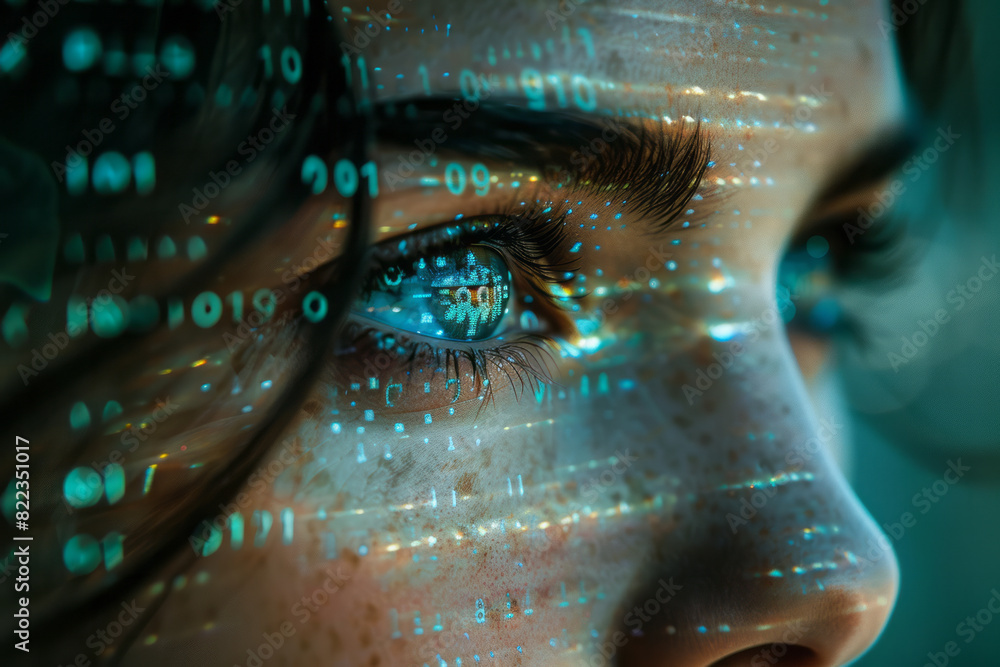 Abstract portrait with layers of binary code overlaid on human features ...