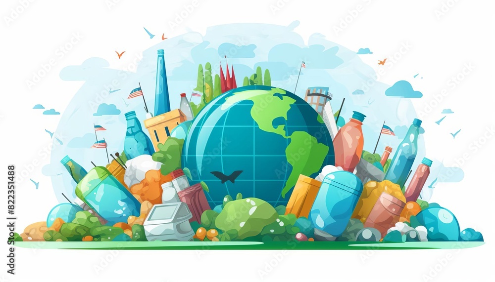 Cartoon illustration of Earth overwhelmed by plastic waste. Stock ...