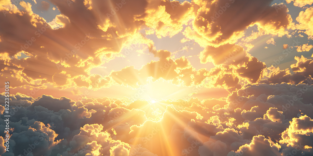 Sun light rays or beams bursting from the clouds on a blue sky ...