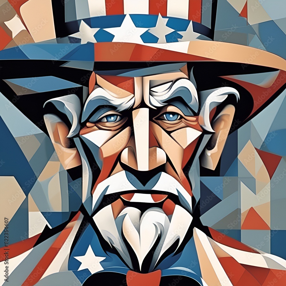 An abstract portrait of Uncle Sam, featuring geometric shapes and bold ...