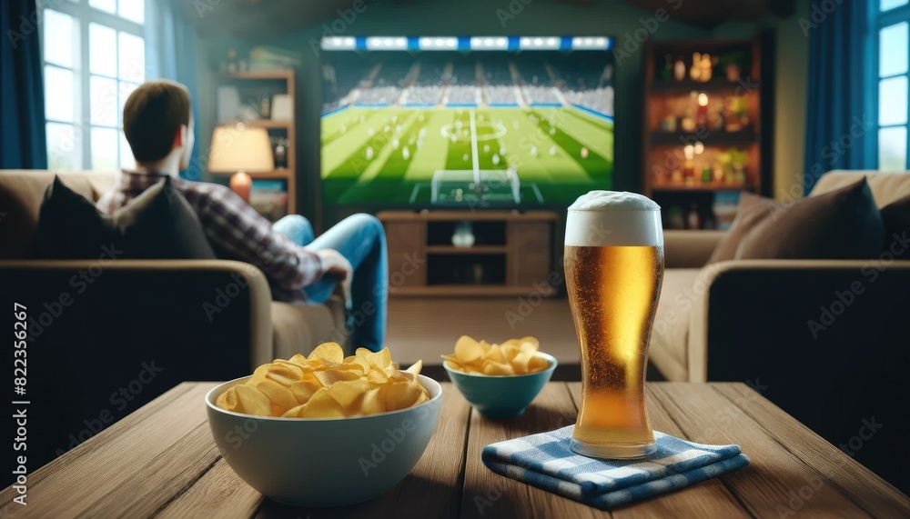 Watching soccer match at home with beer and chips, European Football ...