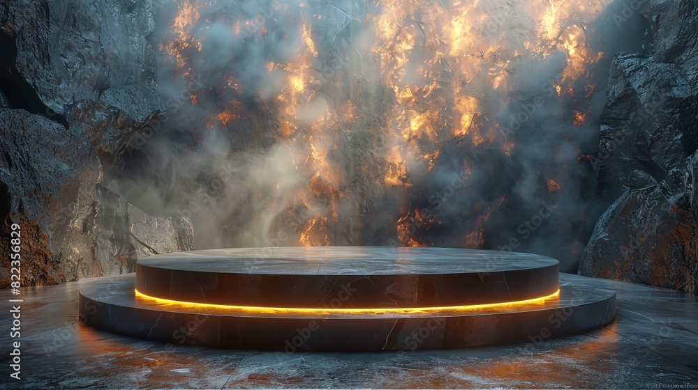 Mysterious circular platform in a cavern with glowing light and fire, creating an enigmatic and ...