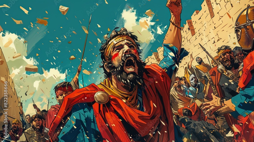 Step into a playful cartoon scene capturing Joshua and the Israelites ...