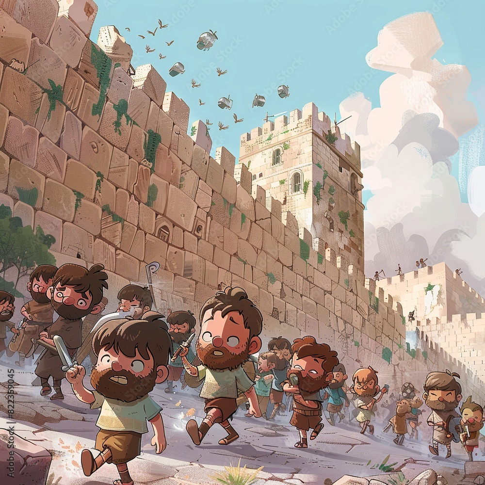 Step into a playful cartoon scene capturing Joshua and the Israelites ...