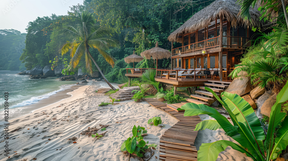 Idyllic tropical beach with lush greenery, boardwalks, and thatched ...