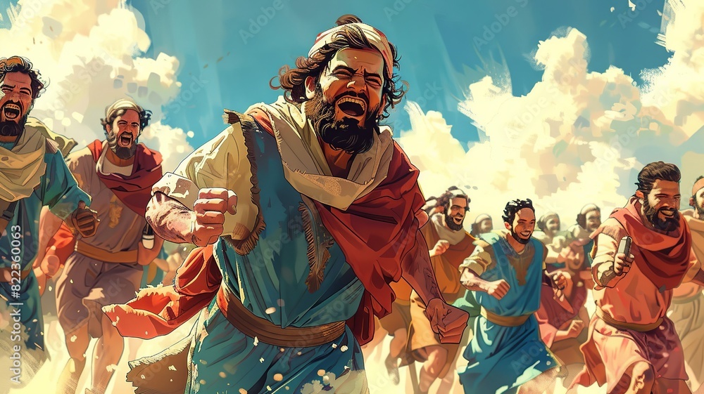 Step into a playful cartoon scene capturing Joshua and the Israelites ...